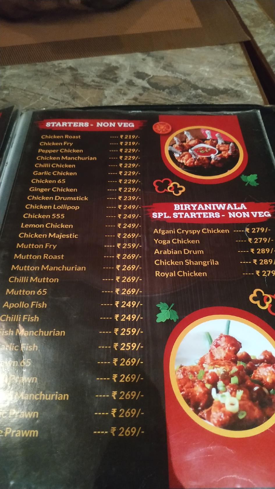 Menu at Biryaniwala, Tirupati