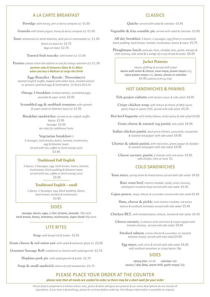 Menu at Cafe Fresco, Birkenshaw