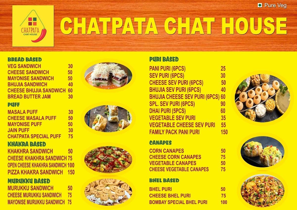 Menu at Chatpata chat house, Chennai, 13