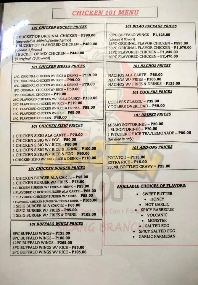 Menu at Chicken 101 Silang branch restaurant, Silang
