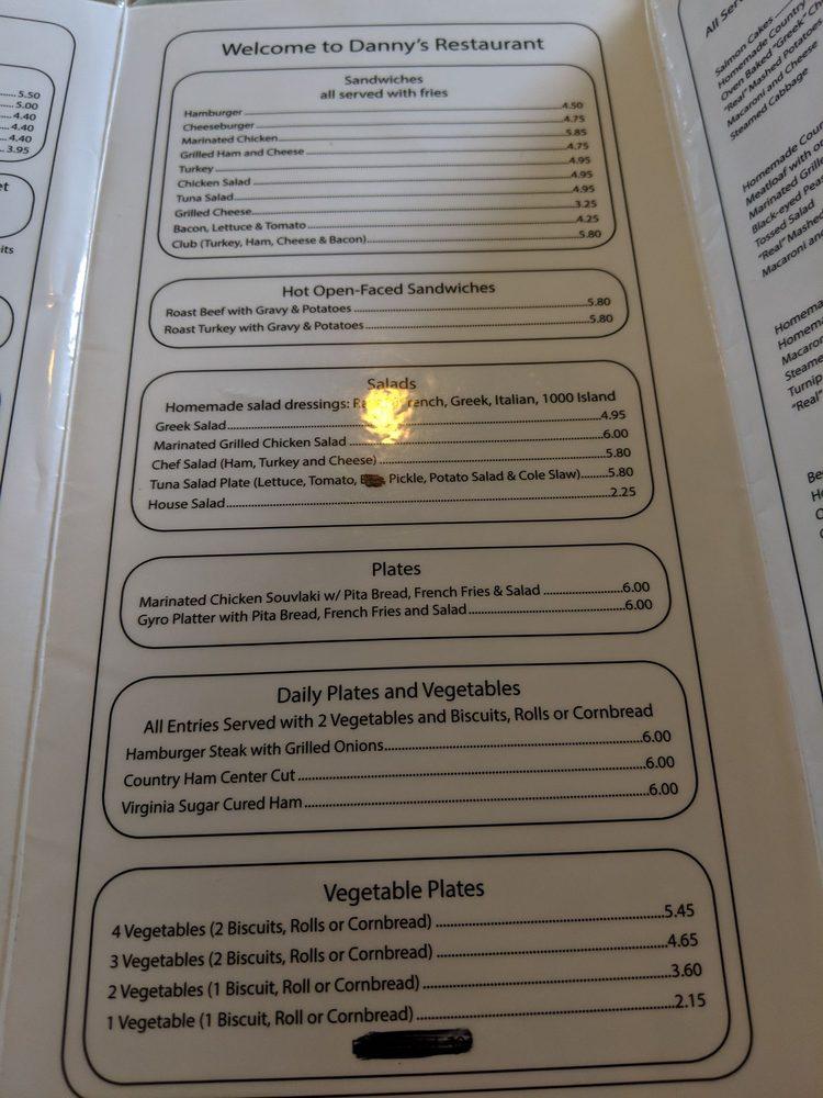 Menu at Danny's Restaurant, Greensboro