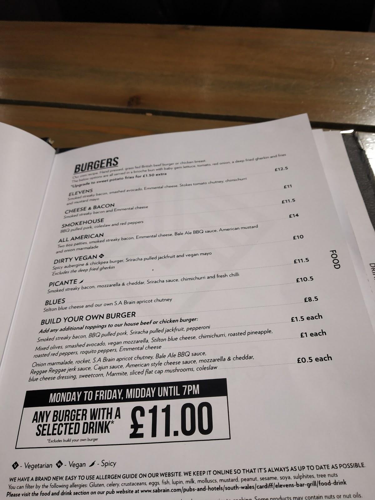 Menu at Elevens Bar And Grill, Cardiff