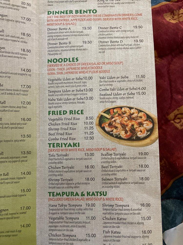 Menu at Hana Tokyo restaurant, Sierra Vista