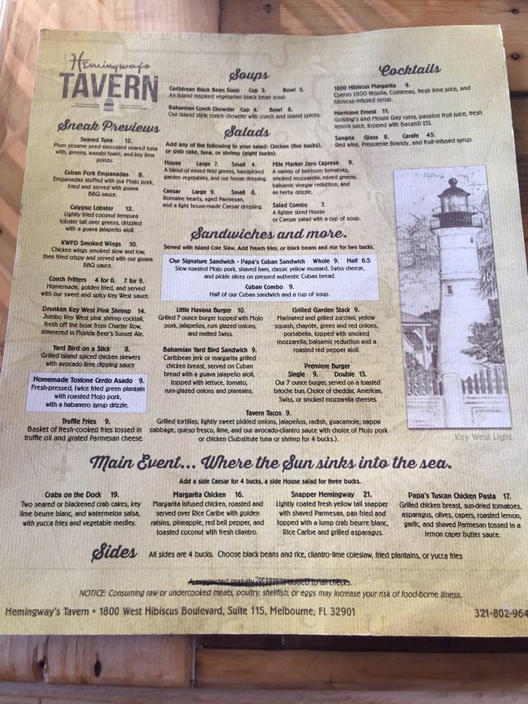 Menu at Hemingway's Tavern restaurant, Melbourne, W Hibiscus Blvd # 115