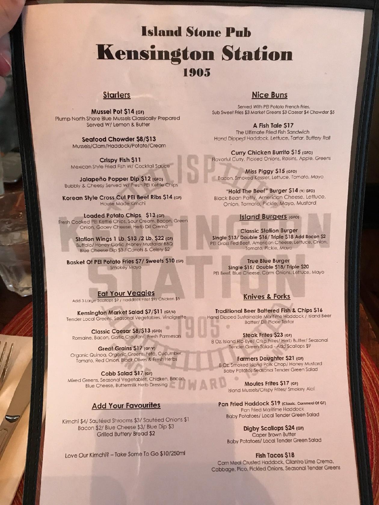 Menu at Island Stone Pub, Kensington