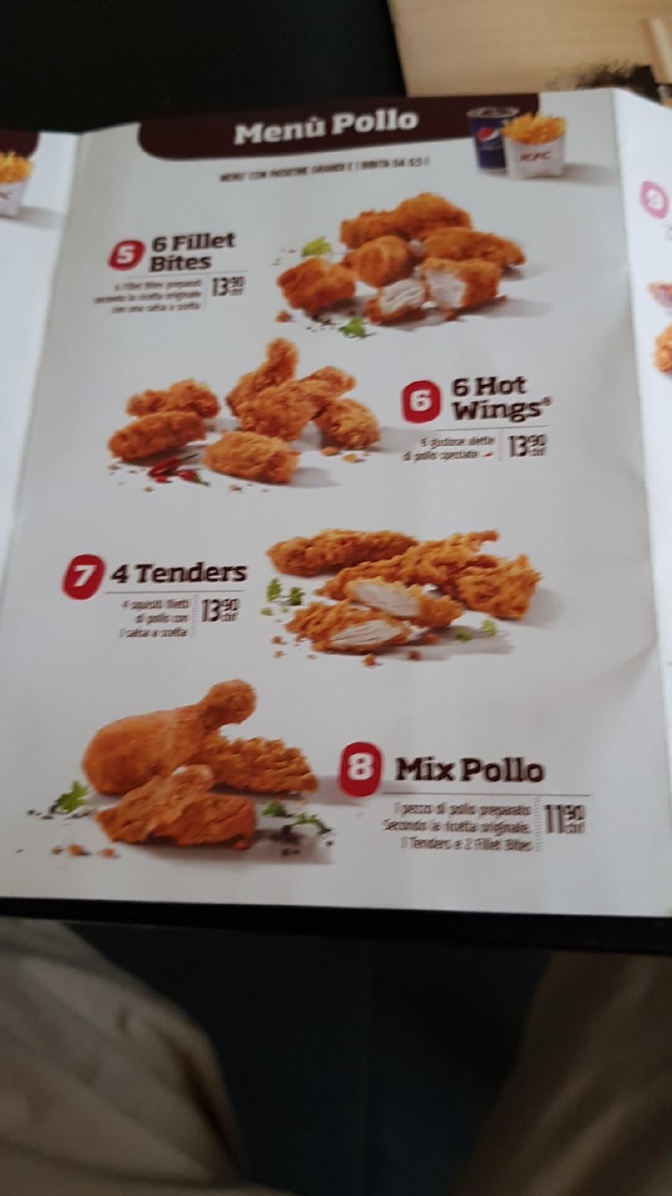 Menu da KFC, Mendrisio, Via Francesco Borromini 6