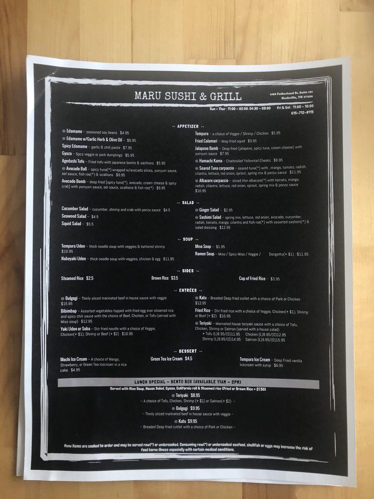 Menu at Maru Sushi & Grill - East Nashville restaurant, Nashville