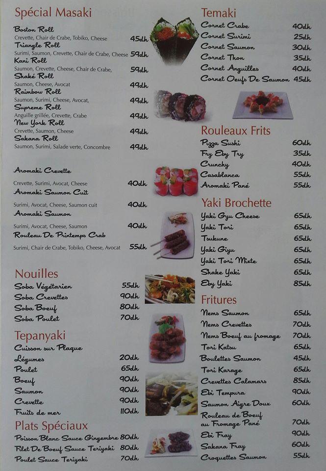 Menu at Masaki Sushi restaurant, Casablanca