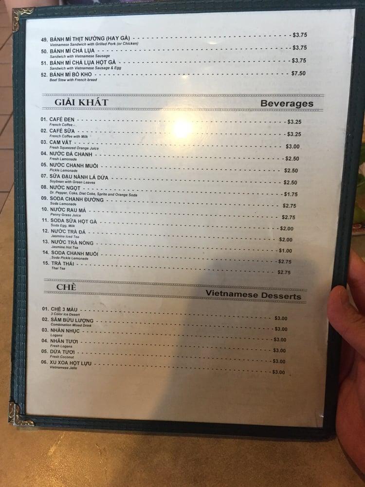 Menu at Pho Pasteur II restaurant, Carrollton