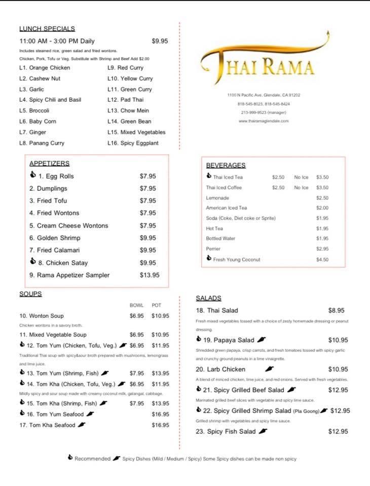 Menu at Thai Rama restaurant, Glendale, N Pacific Ave