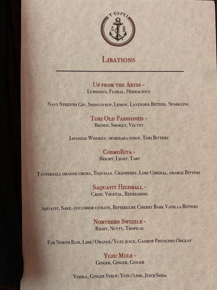 Menu at Tori restaurant, Saint Paul