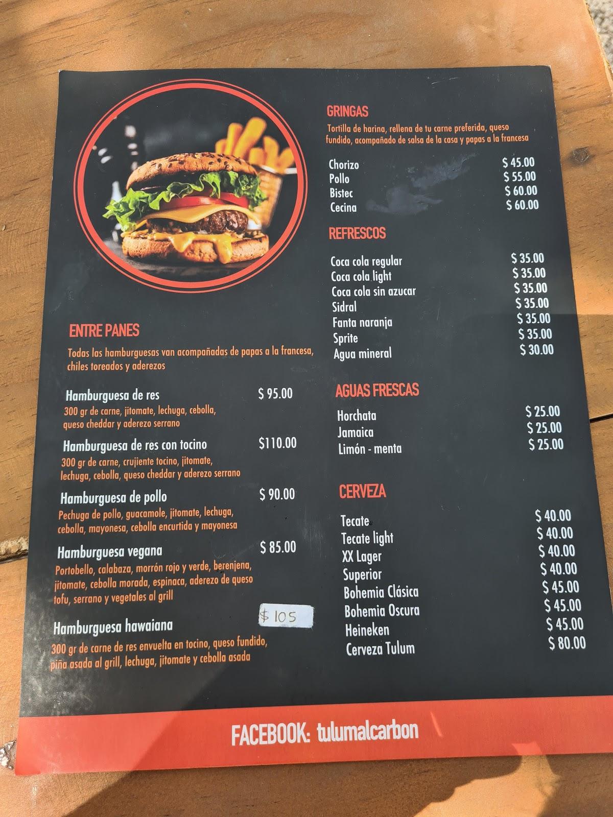 Menu at Tulum al Carbón restaurant, Tulum