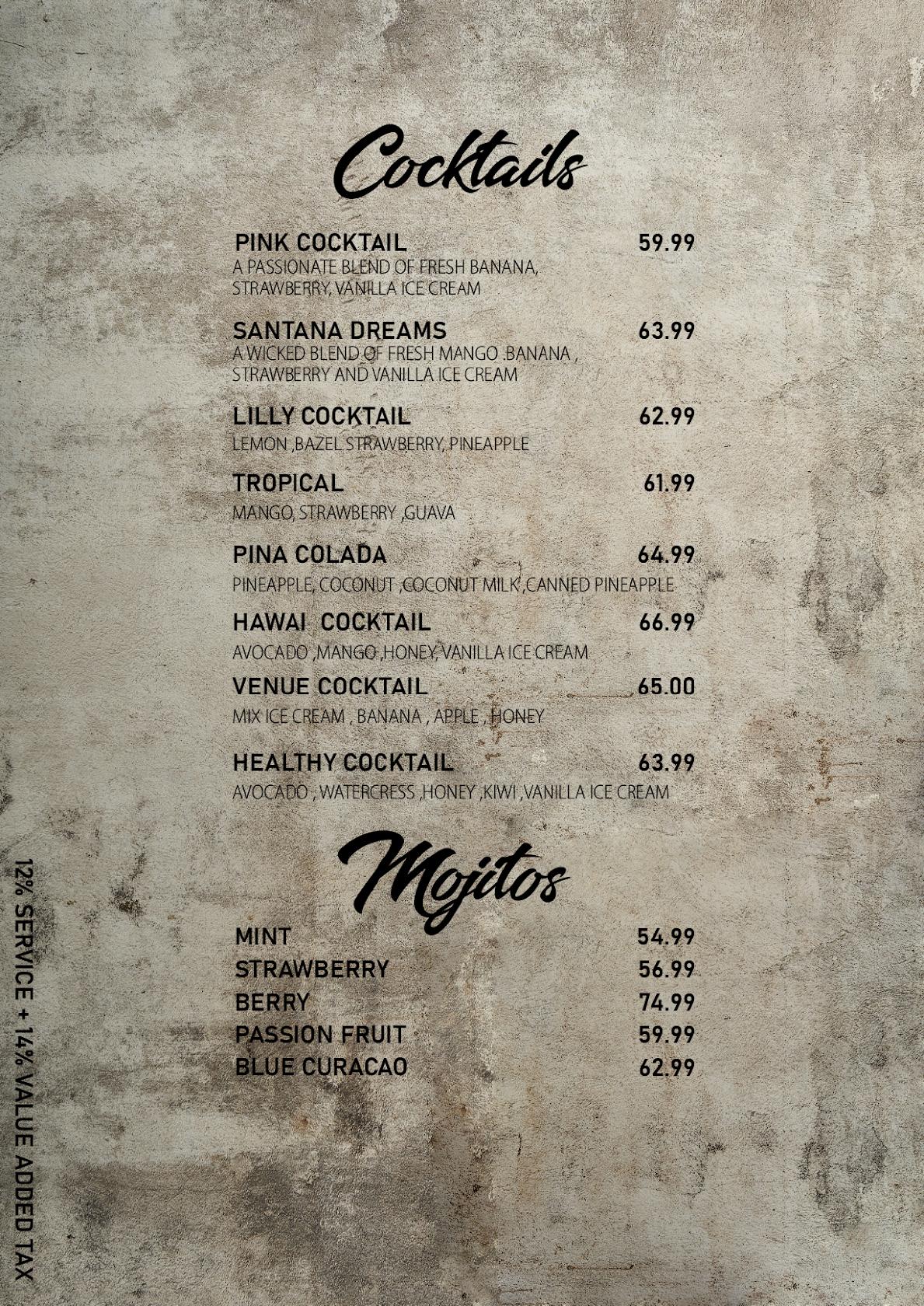Menu at Venue cafe, New Cairo City