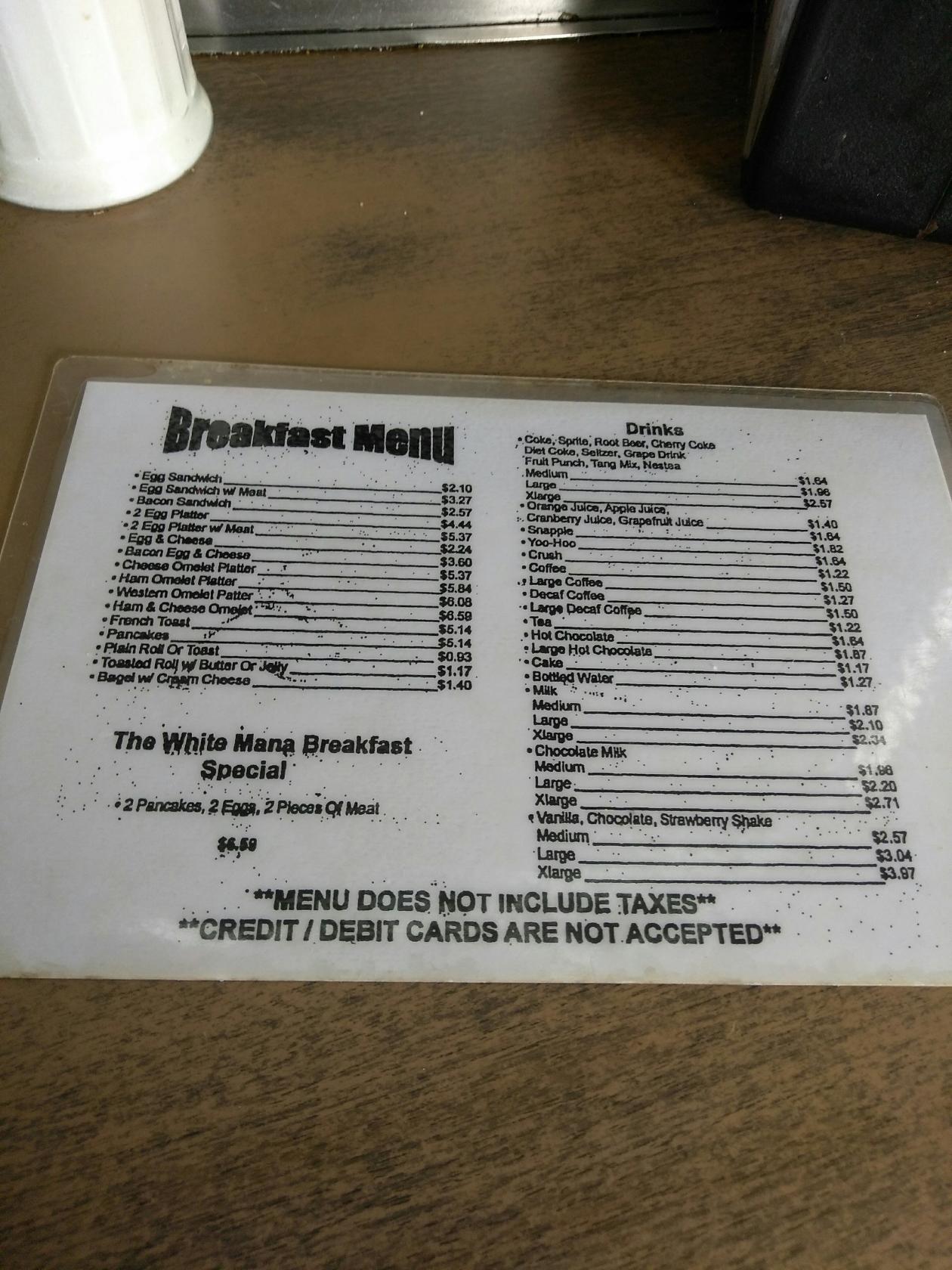 Menu at White Mana fast food, Jersey City