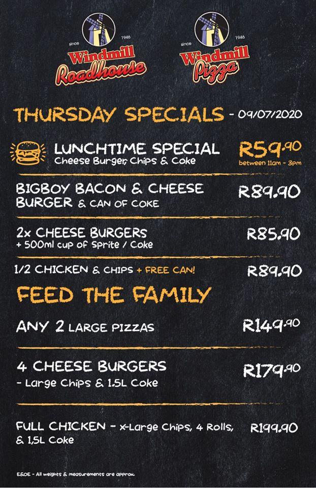 Menu at Windmill Roadhouse restaurant, East London