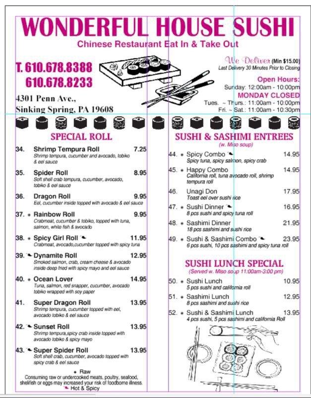 Menu at Wonderful house Chinese and sushi restaurant, Sinking Spring