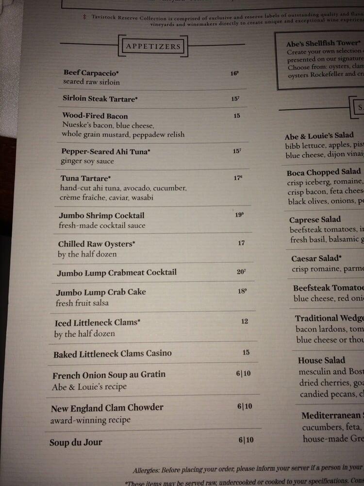 Menu at Abe & Louie's pub & bar, Boston