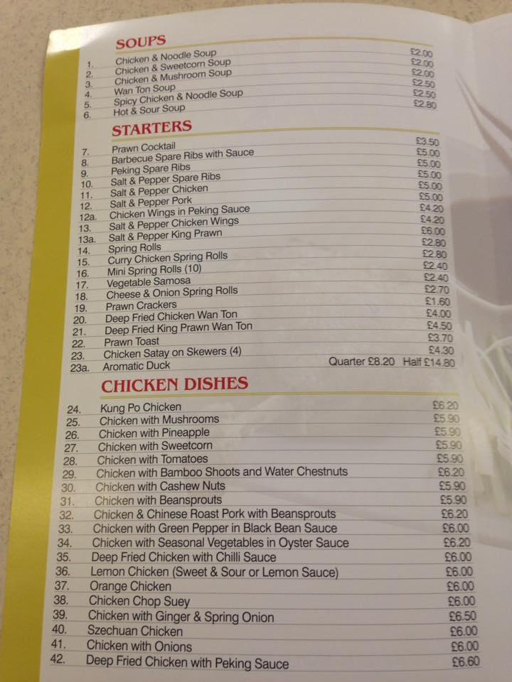 Menu at Flying Dragon Carry Out fast food, Stirling