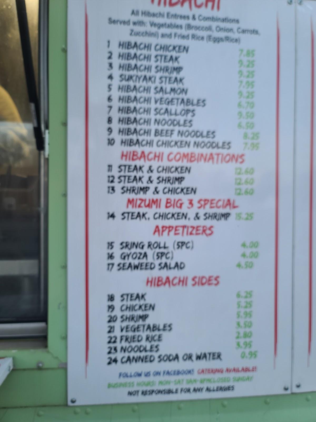 Menu at Mizumi Hibachi Truck restaurant, Chanute