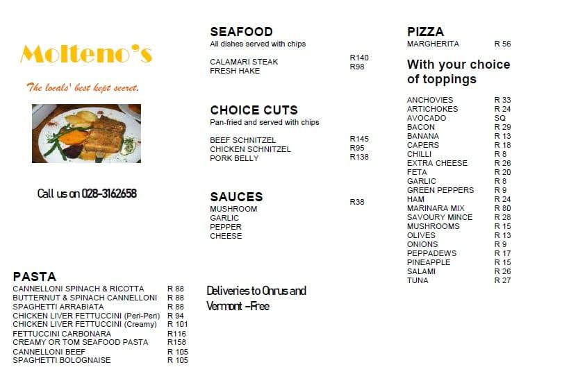 Menu at Moltenos restaurant, Onrus