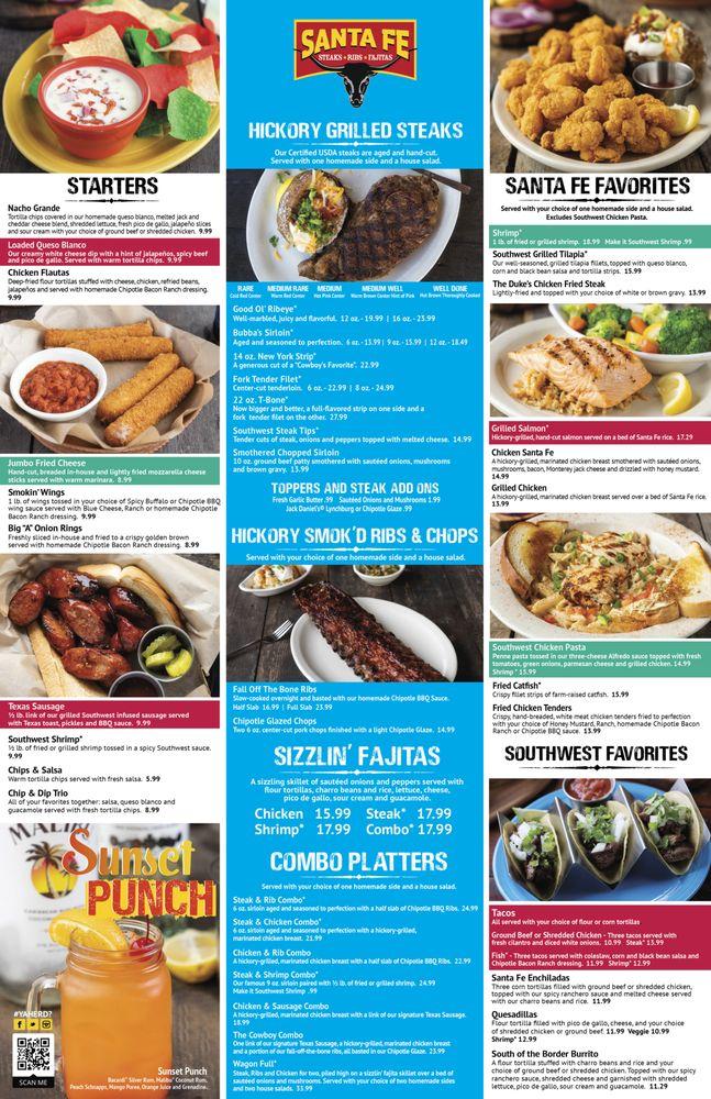 Menu at Santa Fe Cattle Company steakhouse, Albertville, US-431