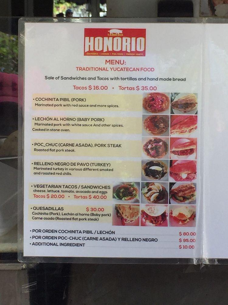 Menu at Taqueria Honorio restaurant, Tulum