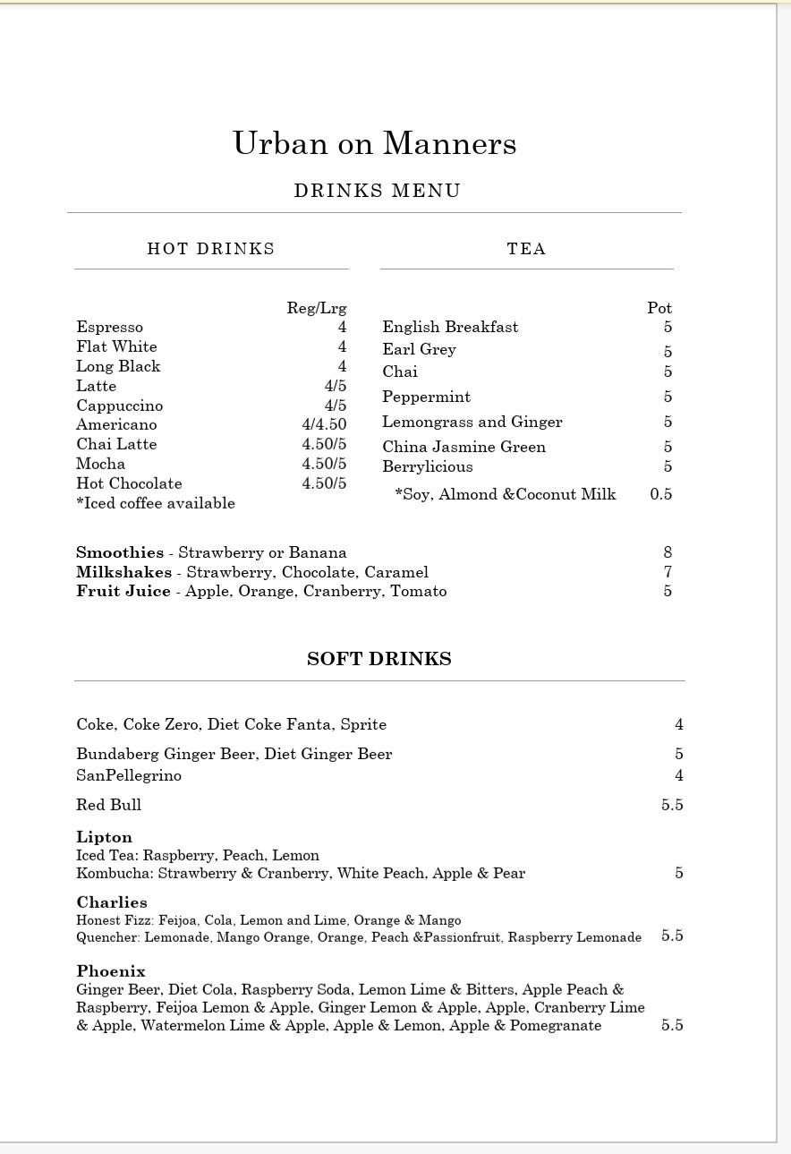 Carta del café Urban on Manners, Wellington