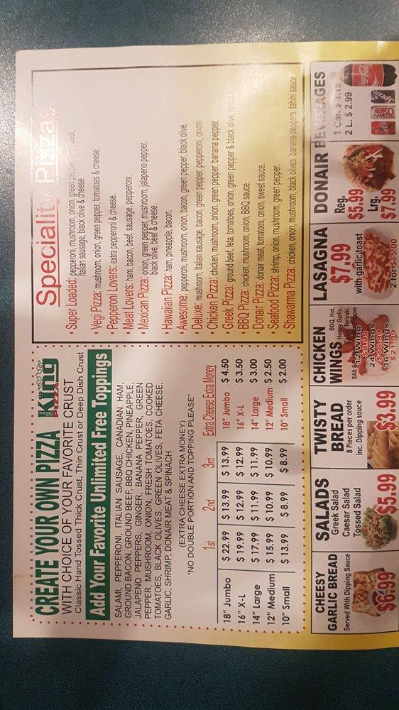Menu at AB King pizzeria, Calgary