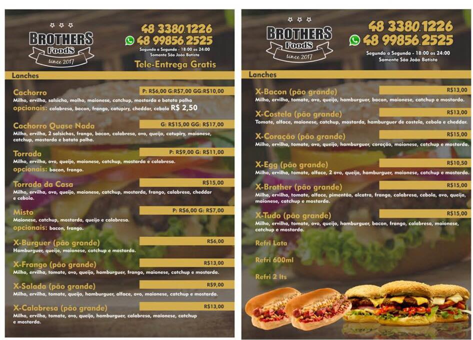 Carta del pub y bar Brothers Foods, São João Batista