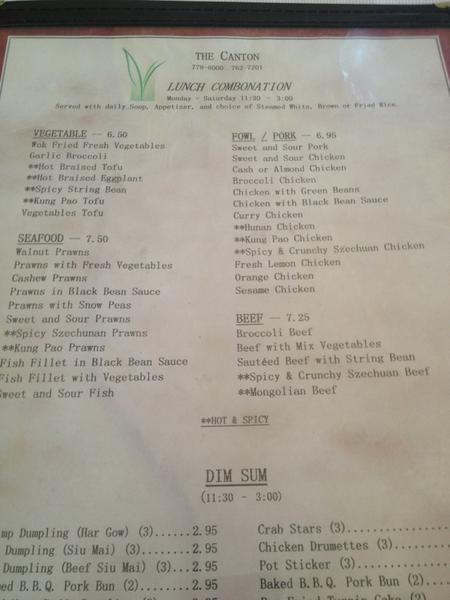 Menu at Canton restaurant, Petaluma