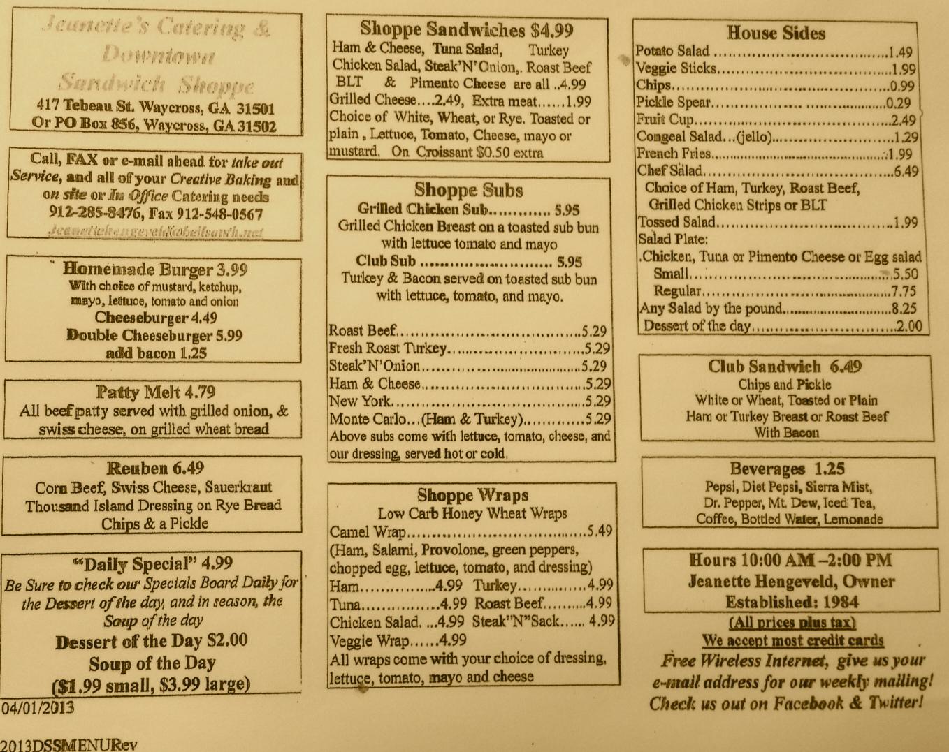 Menu at The Downtown Sandwich Shoppe LLC restaurant, Waycross