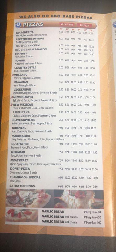 Menu at Flamingos fast food, Southport