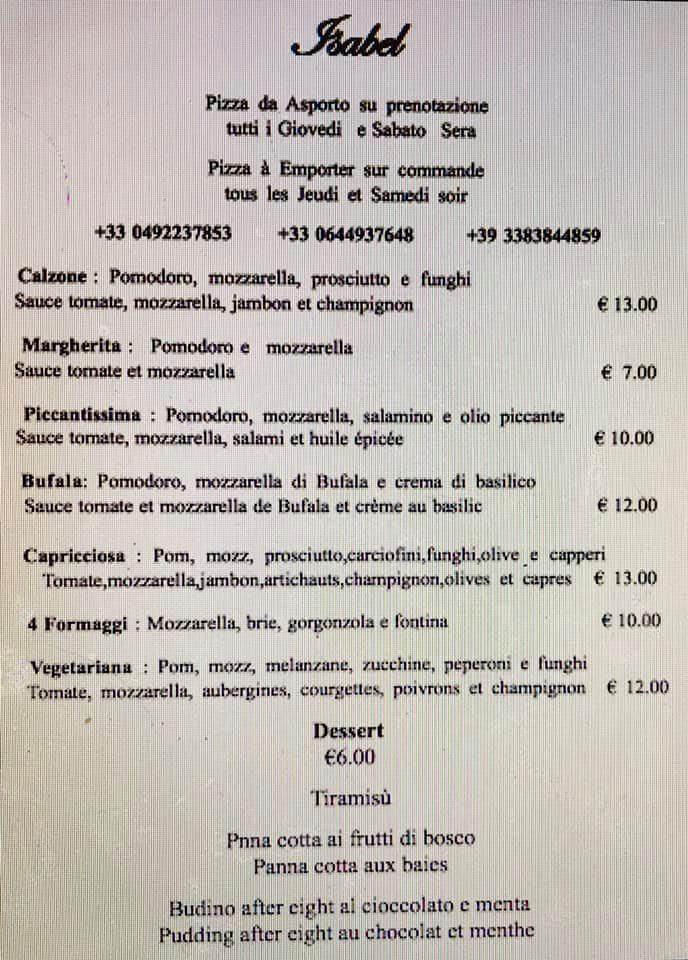 Menu at Isabel restaurant, Montgenèvre