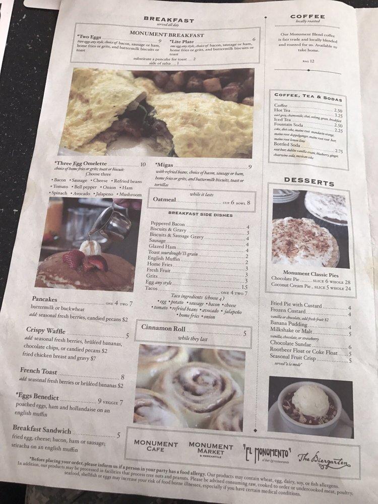 Menu at Monument Cafe, Georgetown, 500 S Austin Ave