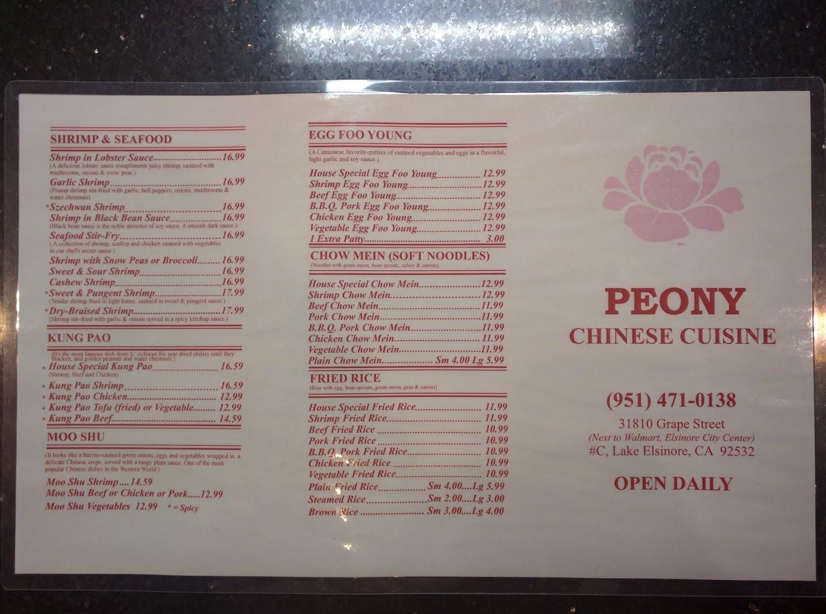 Menu at Peony Chinese Cuisine restaurant, Lake Elsinore, Grape St