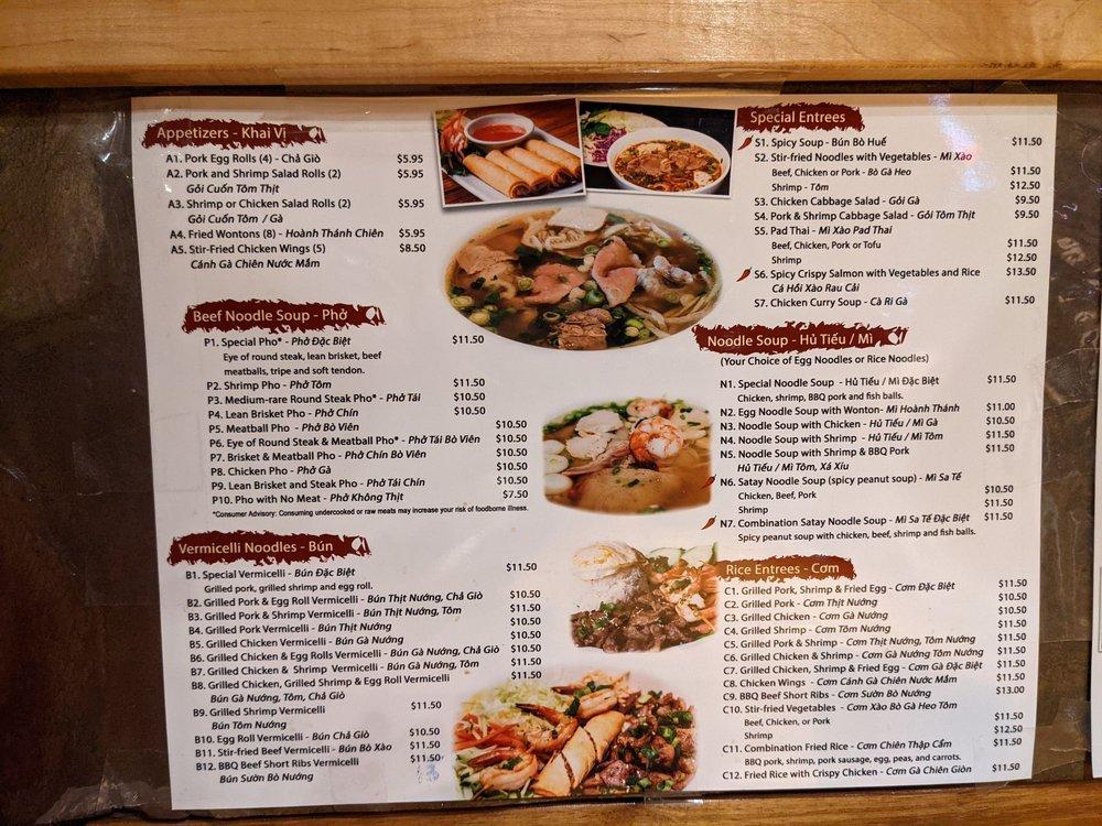 Menu at Pho Vi Van restaurant, Vancouver