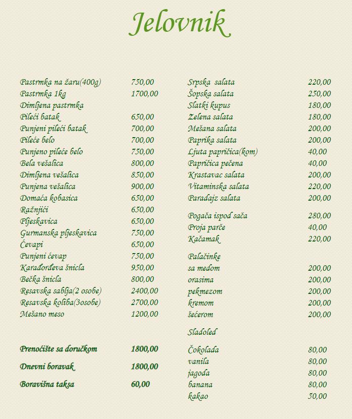 Menu at Restoran Vodopad Lisine BBQ, Stenjevac