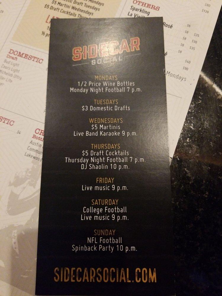 Carta del pub y bar Sidecar Social Addison, Dallas