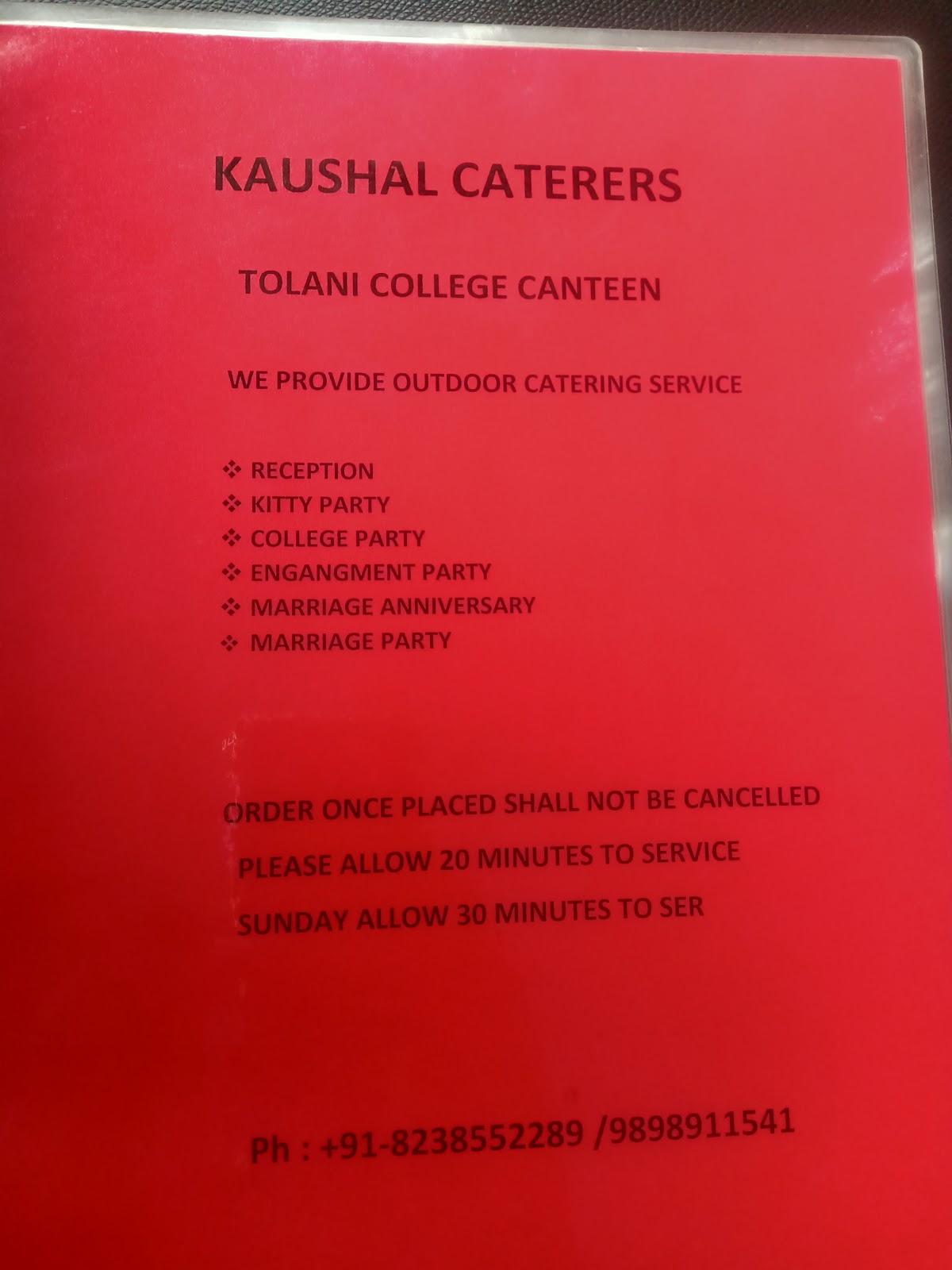 Menu at Tolani College Canteen, Gandhidham