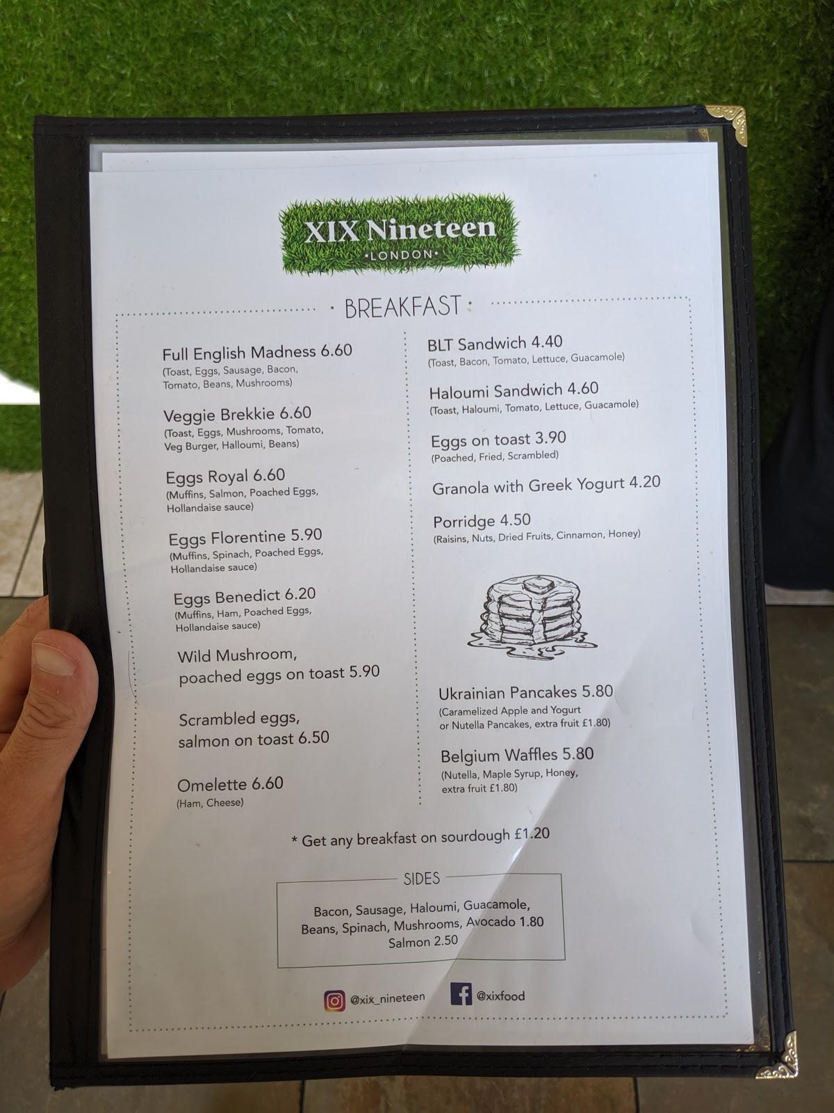 Menu at XIX Nineteen cafe, London