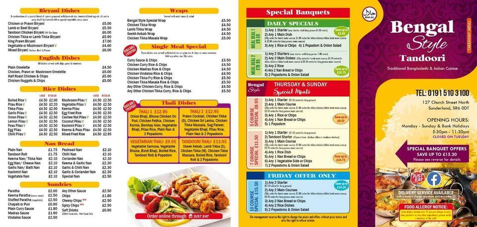 Menu at Bengal Style fast food, Sunderland, 127 Church St N