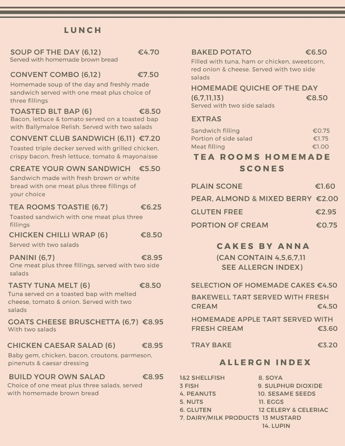 Menu at Convent Tea Rooms cafe, Naas