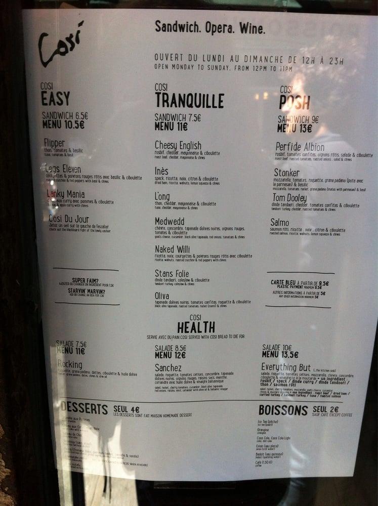 Menu at Cosi restaurant, Paris, 54 Rue de Seine