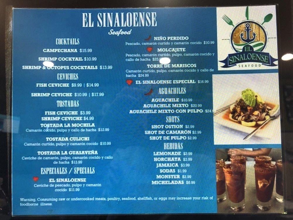 Menu at El Sinaloense restaurant, Hereford