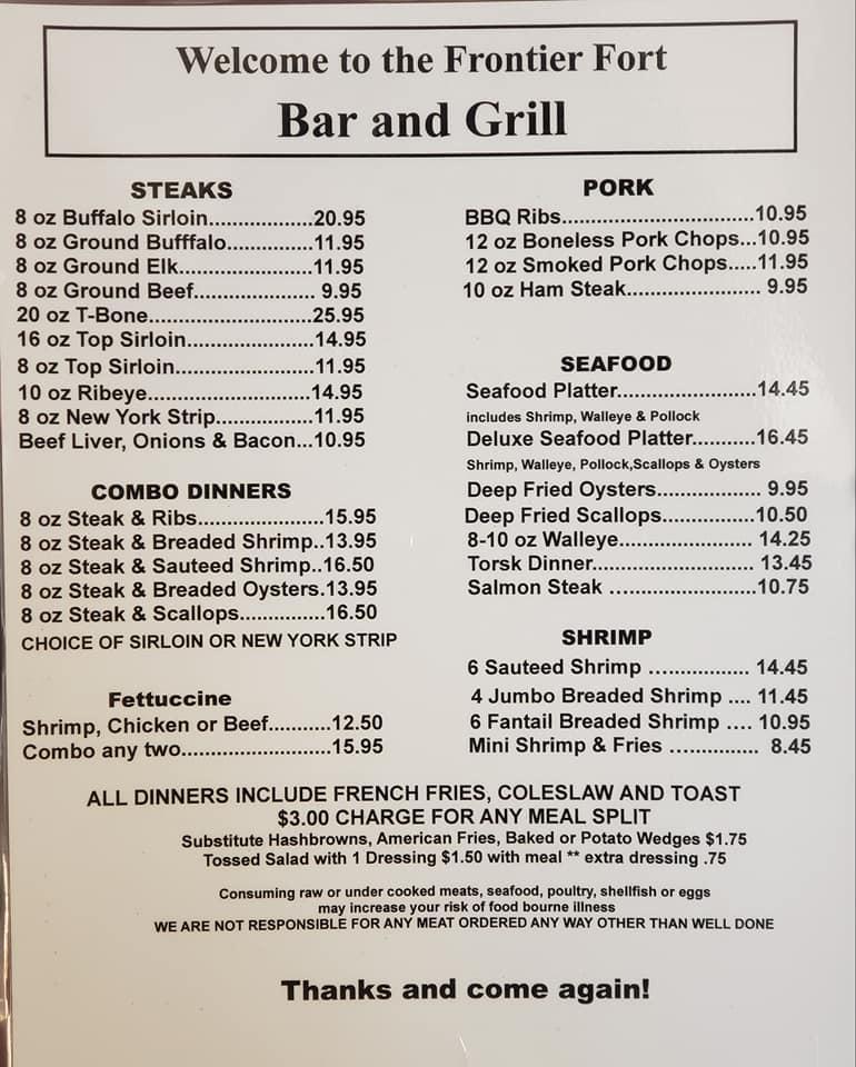 Menu at Frontier Fort Camp Ground Bar & Grill & Gift Shop, Jamestown