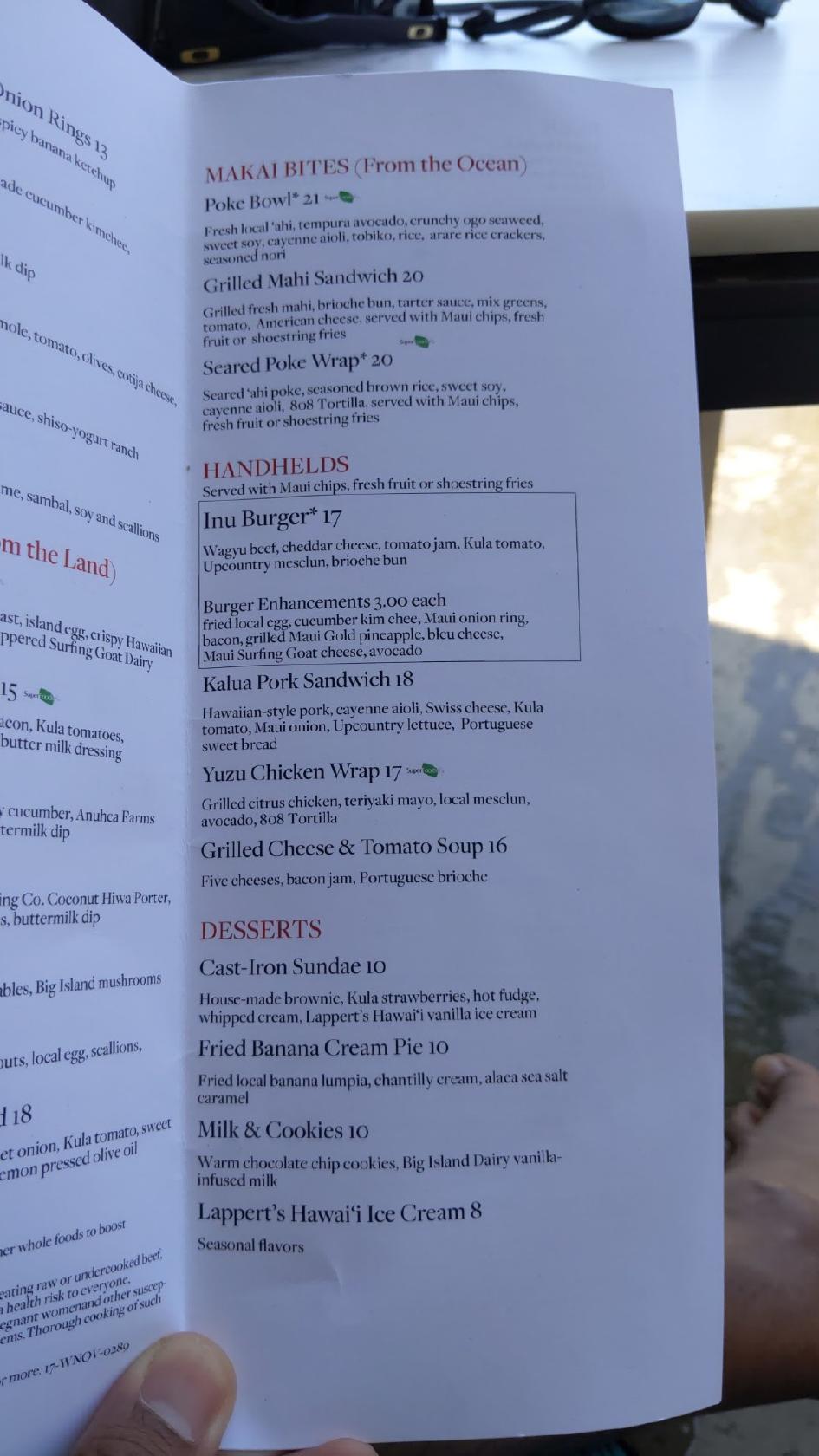 Menu at Inu Pool Bar, Lahaina