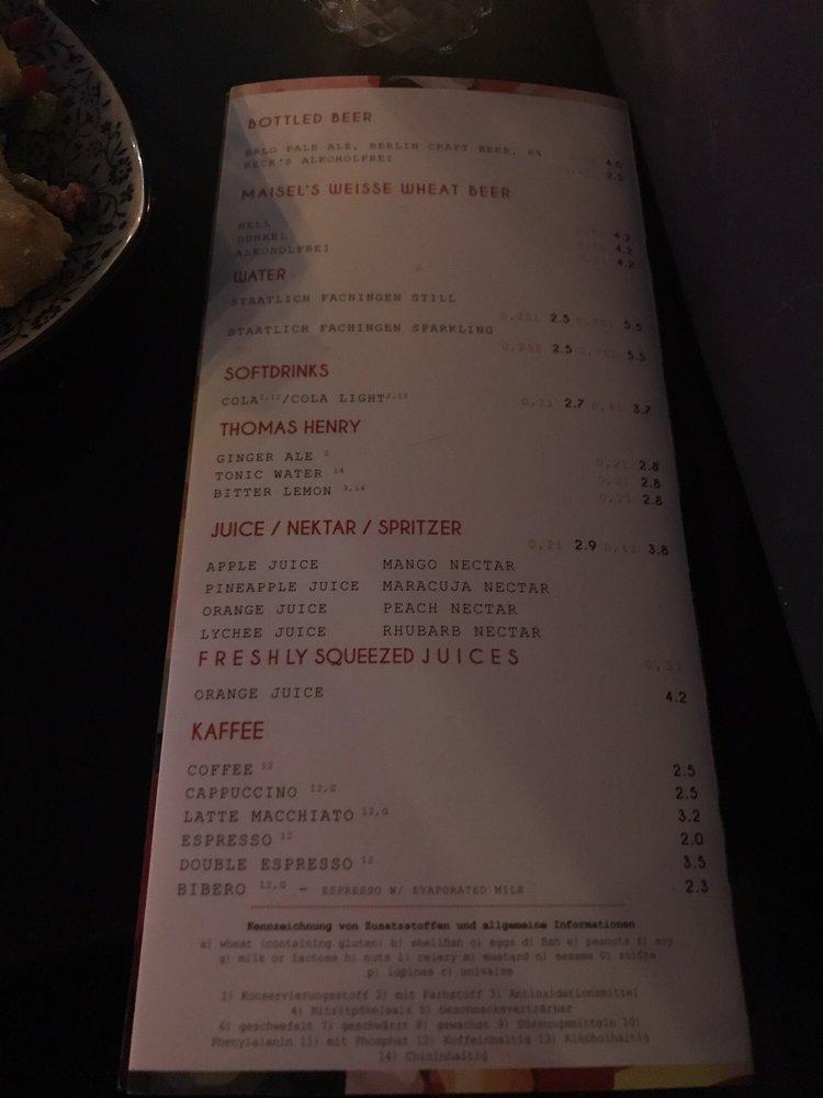 Menu at The Flying Monkey restaurant, Berlin