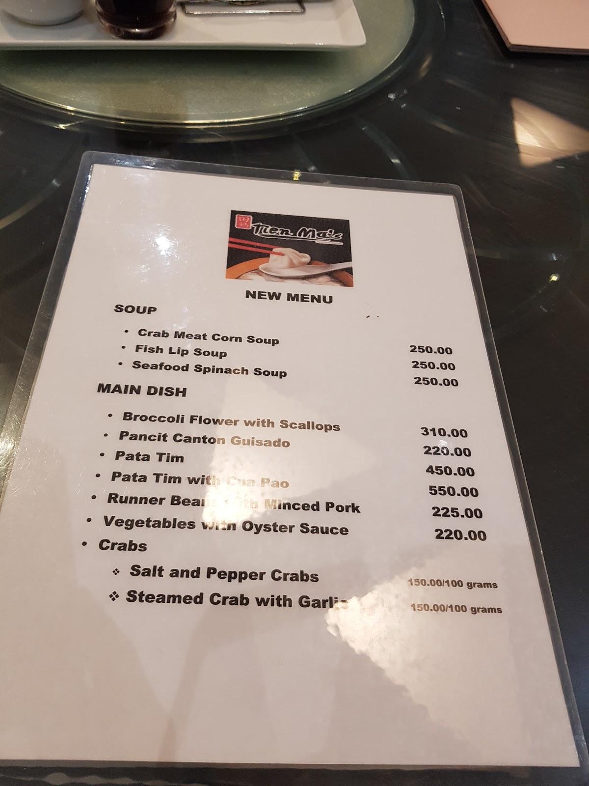 Menu at Tien Ma's restaurant, Cagayan de Oro
