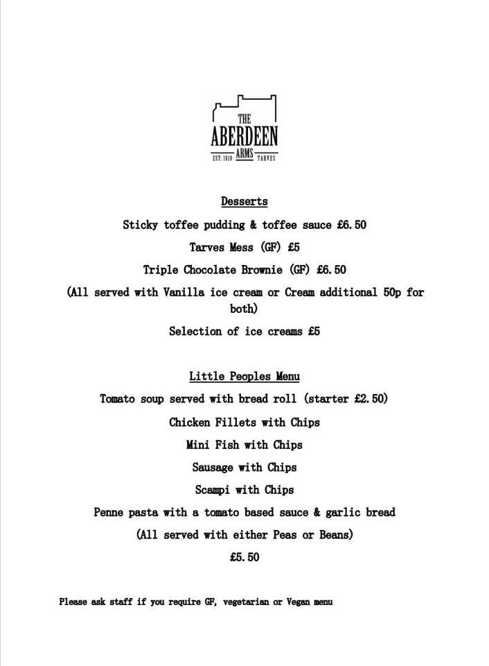 Menu at Aberdeen Arms pub & bar, Tarves