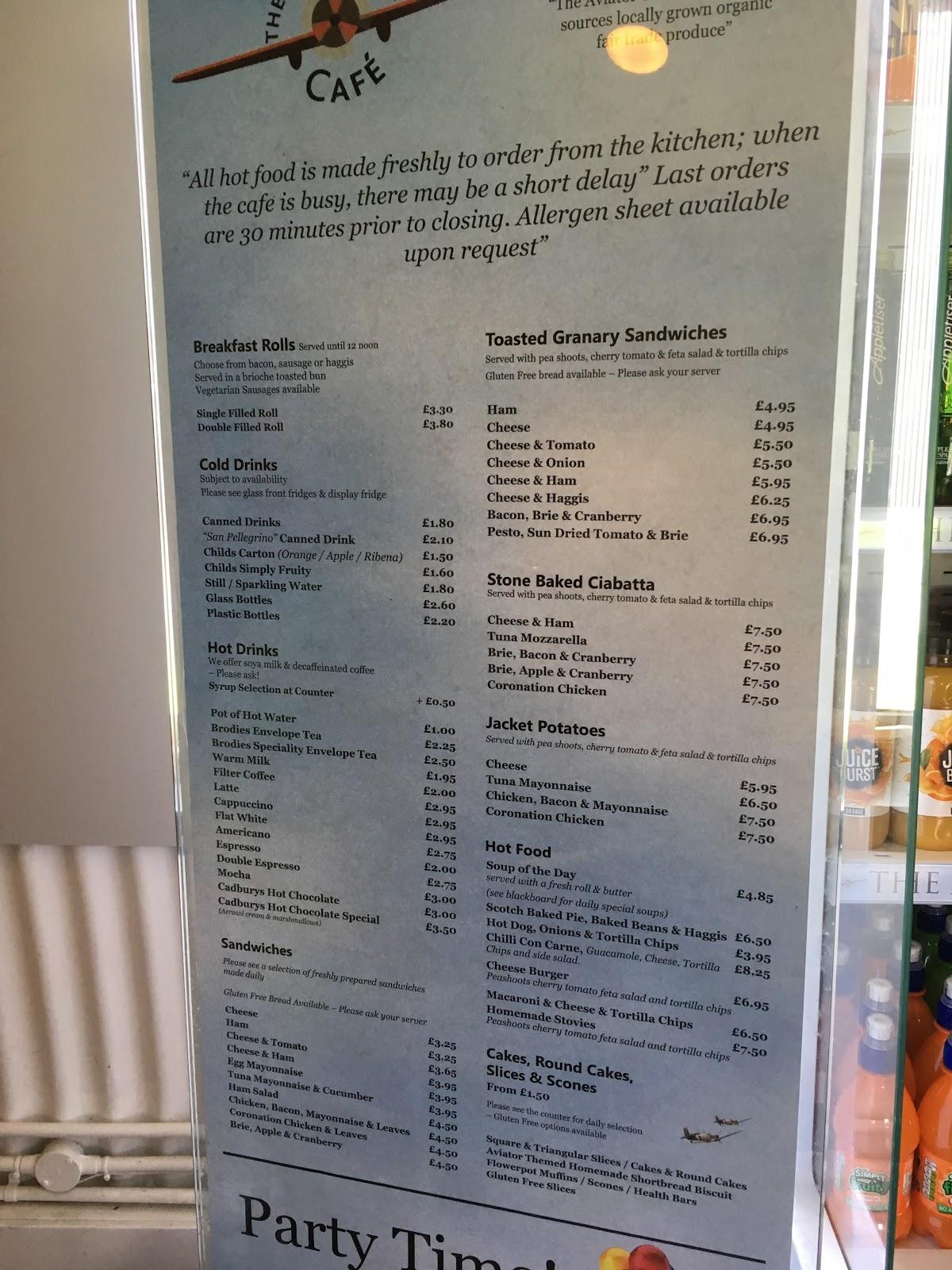 Menu at Aviator Cafe, East Fortune, East Fortune Airfield